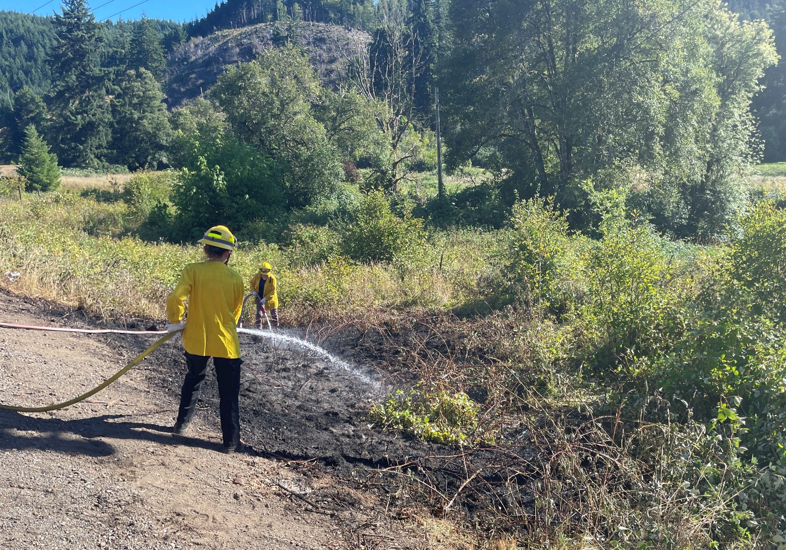 Passersby stop to contain roadside fire until firefighters arrive ...